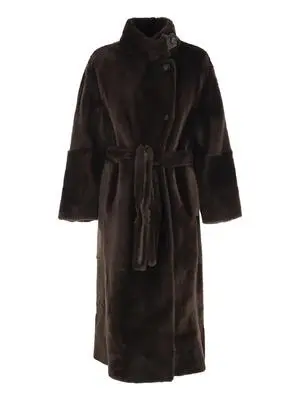 Brunello Cucinelli Long Shearling Belted Coat - Brown
