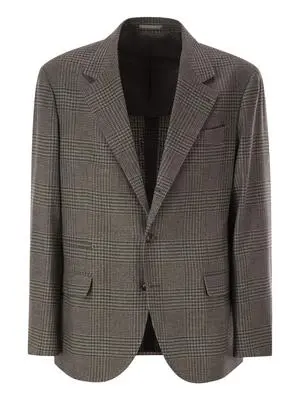 Brunello Cucinelli Prince Of Wales Wool And Cashmere Blazer With Tailored Construction - Gray