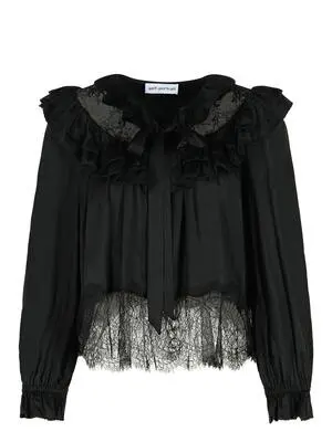 SELF-PORTRAIT SELF-PORTRAIT Viscose Lace-Trimmed Ruffle Blouse Black