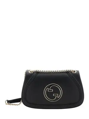 Gucci Blondie Small' Handbag With Metallic Gg Crossover On The Front And Chain Shoulder Strap In Leather - Black