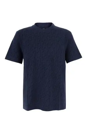 Fendi Blue Crew Neck T-shirt With Ff All-over Motif In Cotton For - Multicolor