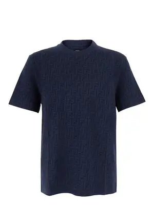 Fendi Blue Crew Neck T-shirt With Ff All-over Motif In Cotton For - Multicolor
