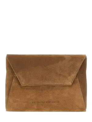 Brunello Cucinelli Suede Clutch With Jewel Decoration - Brown