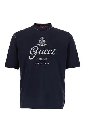 Gucci Blue Round Neck Sweater With Logo Lettering On The Front In Wool For - Multicolor