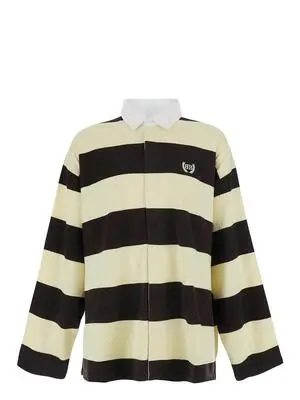 Balenciaga Brown Long Sleeve Polo Shirt With Logo Embroidery On The Front And All-over Stripes In Cotton For - Multicolor