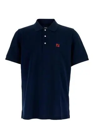 Fendi Blue Polo With Classic Collar And Logo On The Front In Cotton - Multicolor