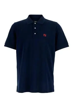 Fendi Blue Polo With Classic Collar And Logo On The Front In Cotton - Multicolor