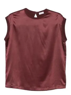 Brunello Cucinelli BRUNELLO CUCINELLI Satin Finish Round Neck Cap Sleeves Blouse Red