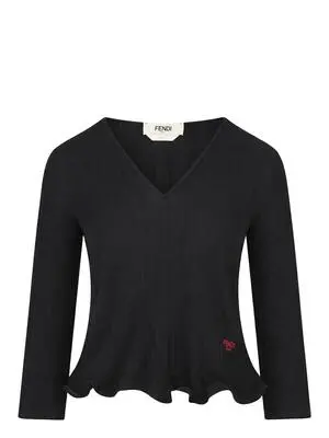 Fendi Virgin Wool V-neck Long Sleeve Top - Black