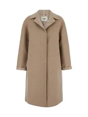 Fendi Beige Single-breasted Reversible Coat In Wool Blend - Multicolor