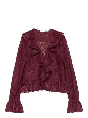 SELF-PORTRAIT Floral Lace Ruffled V-neck Blouse - Red