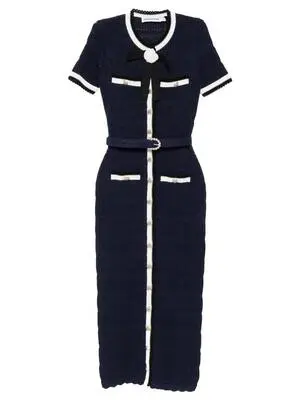 SELF-PORTRAIT Pointelle Knit Bow Detail Day Dress - Blue
