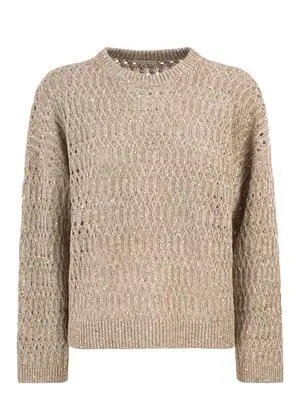 Brunello Cucinelli Linen Openwork Crew Neck Jumper With Sequins - Cream
