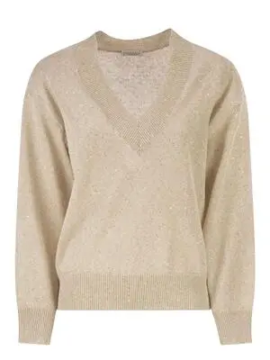 Brunello Cucinelli V-neck Linen And Cotton Jumper With Sequins And Long Sleeves - Cream