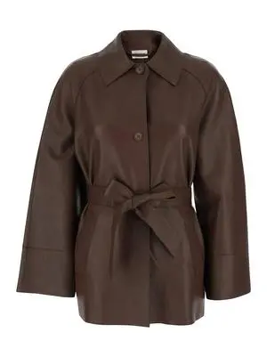P.a.r.o.s.h Brown Leather Jacket With Wide Collar And Front Belt For - Multicolor