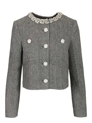 SELF-PORTRAIT Herringbone Crystal-trimmed Cropped Jacket - Gray