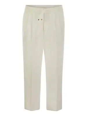 Brunello Cucinelli Brunello Cucinelli Men Leisure Fit Trousers In Linen And Cotton Gabardine With Drawstring And Double Darts Cream