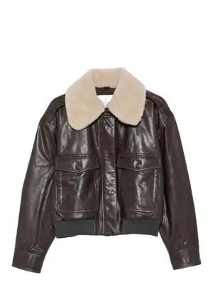Brunello Cucinelli Shearling Collar Leather Bomber Jacket - Brown
