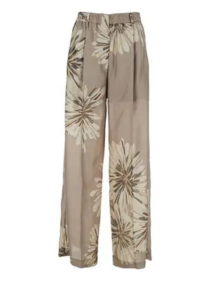 Brunello Cucinelli Beige Pants With Elastic Waistband And All-over Floral Print In Silk - Multicolor