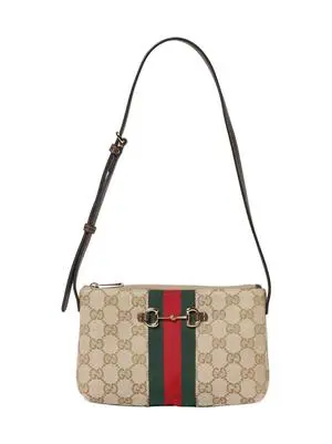 Gucci Gg Canvas Mini Shoulder Bag With Horsebit And Web Detail - Cream