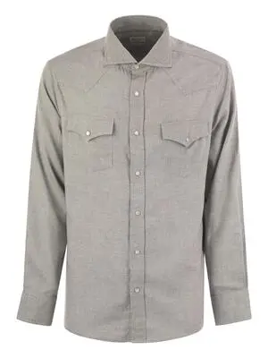 BRUNELLO CUCINELLI Brunello Cucinelli Men Stretch Cotton Chevron Flannel Easy Fit Shirt With Snap Buttons, Epaulettes And Pockets