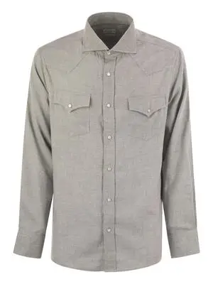 BRUNELLO CUCINELLI Brunello Cucinelli Men Stretch Cotton Chevron Flannel Easy Fit Shirt With Snap Buttons, Epaulettes And Pockets