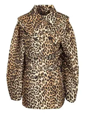 GANNI Short Duchesse Trench Coat With Animal Print - Multicolor