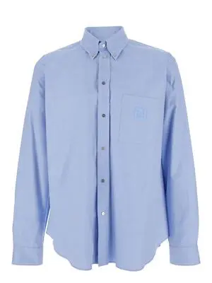 Fendi Light Button-down Collar Shirt With Ff Embroidery On Front In Cotton For - Blue