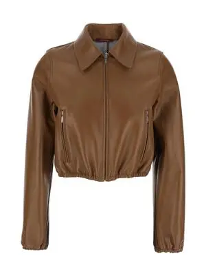 GUCCI Gucci Women Brown Leather Crop Jacket With Classic Collar And Tone-On-Tone Lettering Logo On The Front For Women