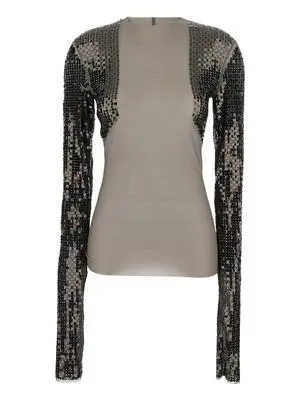 Rick Owens T-shirt 'dennis' Short With Long Sleeves With Sequins In Tech Fabric Stretch Gray - Multicolor