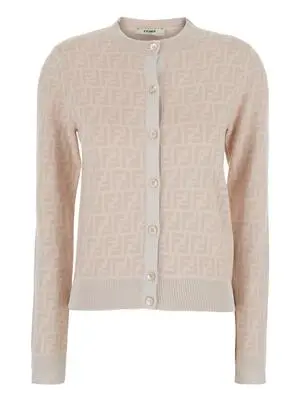 Fendi Pink Crew Neck Cardigan With All-over Ff Motif In Wool For - Multicolor