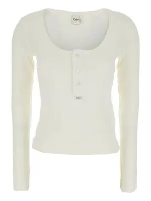 Chloé White Long Sleeve T-shirt With Logo Patch On The Front In Ribbed Knit Cotton For - Multicolor