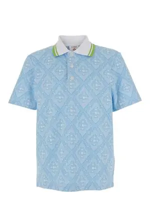 Casablanca Light Blue Polo Shirt With Classic Bicolor Collar And All-over Embroidery In Cotton Blend - Multicolor