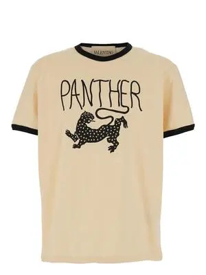 Valentino Garavani Crew Neck T-shirt With Front Print In Beige Cotton For - Multicolor