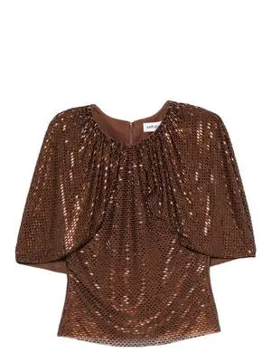 SELF-PORTRAIT Sequin Embellished Round Neck Cape Sleeve Blouse - Brown