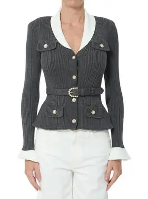SELF-PORTRAIT Ribbed Knit Cardigan With Contrast Lapels - Gray