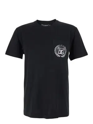 Dolce & Gabbana Crewneck T-shirt With Logo Embroidery On The Front In Cotton - Black