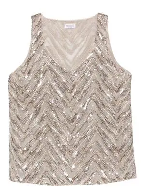 Brunello Cucinelli Sequin Embellished Chevron Scoop Neck Sleeveless Top - Multicolor