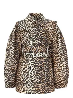 GANNI Short Trench Coat With Leopard Print - Multicolor
