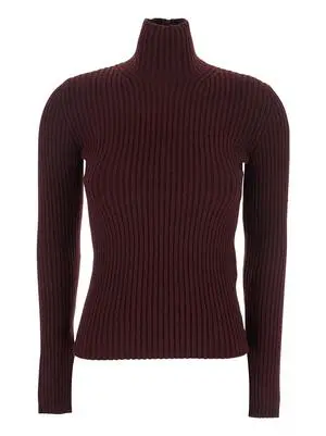 Max Mara Max Mara Women Bordeaux Turtleneck Sweater With Ribbed Design In Wool Blend Woman Multicolor
