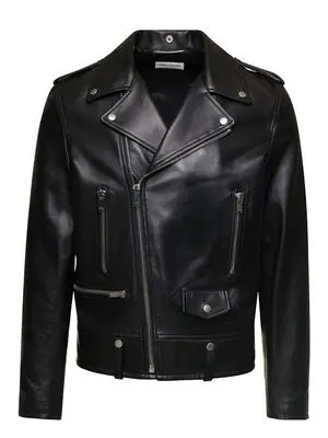 Saint Laurent Smooth Leather Biker Jacket With Zipped Pockets - Black