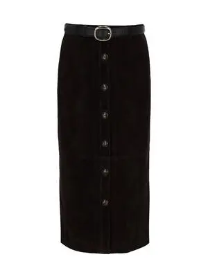 SELF-PORTRAIT SELF-PORTRAIT Suede Midi Skirt Brown
