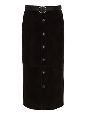 SELF-PORTRAIT SELF-PORTRAIT Suede Midi Skirt Brown