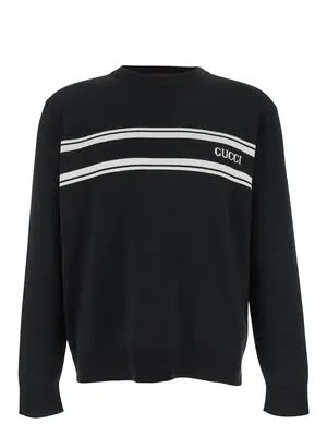 Gucci Black Sweater With Logo Lettering On The Front In Wool - Multicolor
