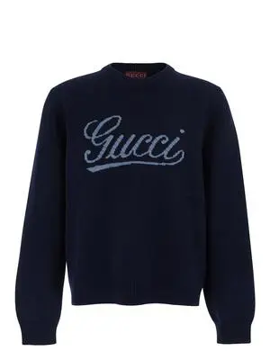 Gucci Blue Crew Neck Sweater With Logo Embroidery On The Front In Wool For - Multicolor