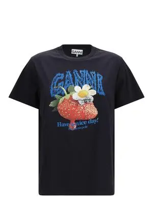 GANNI Strawberry Cotton T-shirt - Black