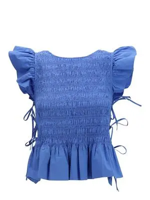 GANNI Ruched Cotton Top With Side Bows - Blue