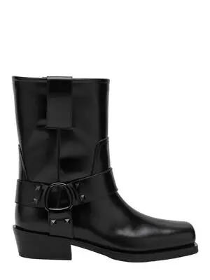 Valentino Garavani Leather Biker Rockstud Low Boot - Black