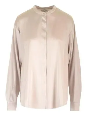 FORTE_FORTE Stretch Heavy Satin Silk Mandarin Collar Shirt - Multicolor