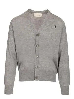 AMI Paris V-neck Wool Cardigan - Gray